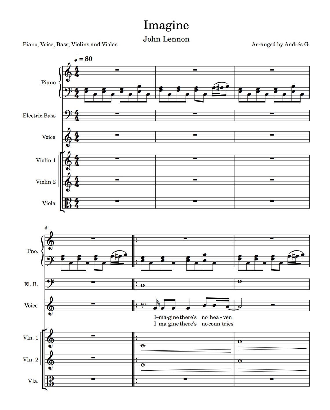 Imagine by John Lennon, Piano Music Sheet and Full Sheet Including Bass ...