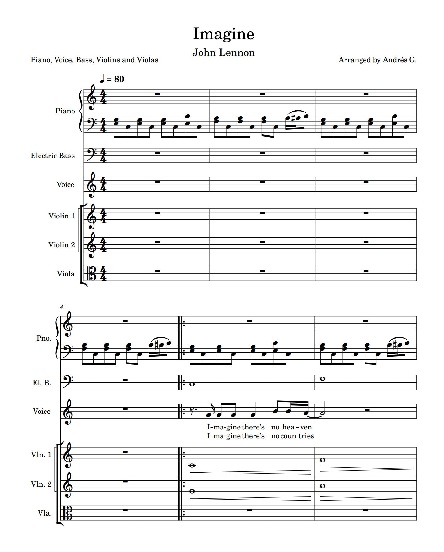 Imagine by John Lennon, Piano Music Sheet and Full Sheet Including Bass ...