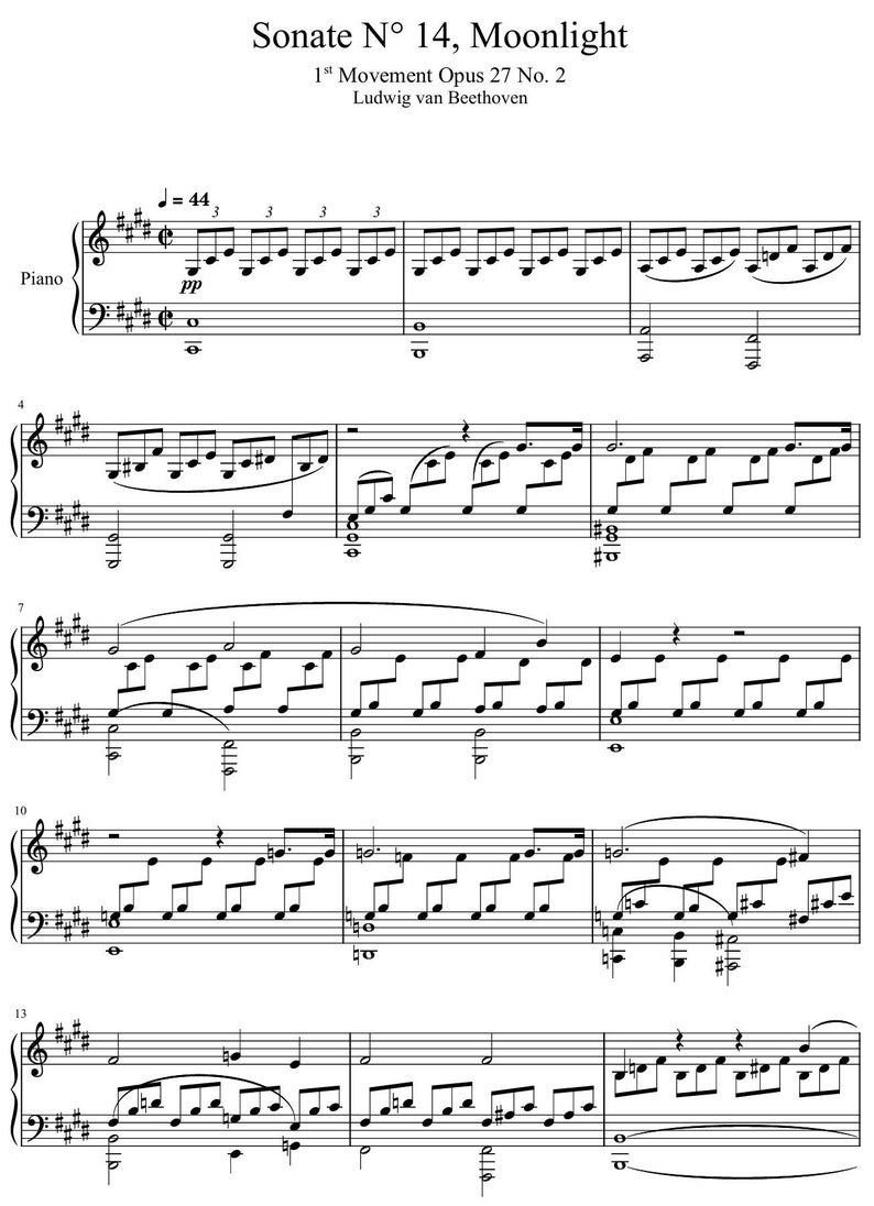 Beethoven Moonlight Sonata 1st Movement Piano Sheet Music (PDF + MIDI ...