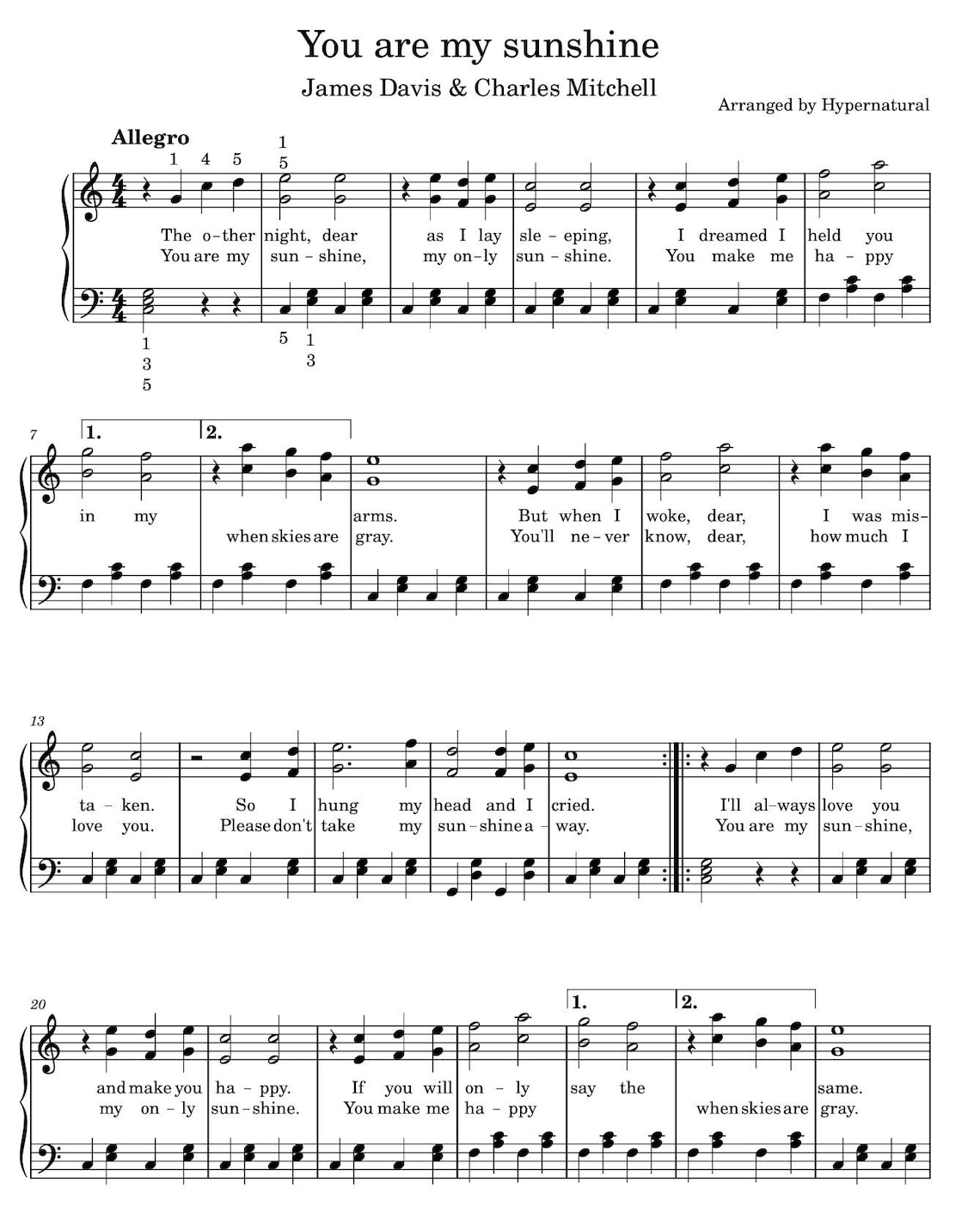 You Are My Sunshine - Easy to Play Piano for Beginners - James Davis ...