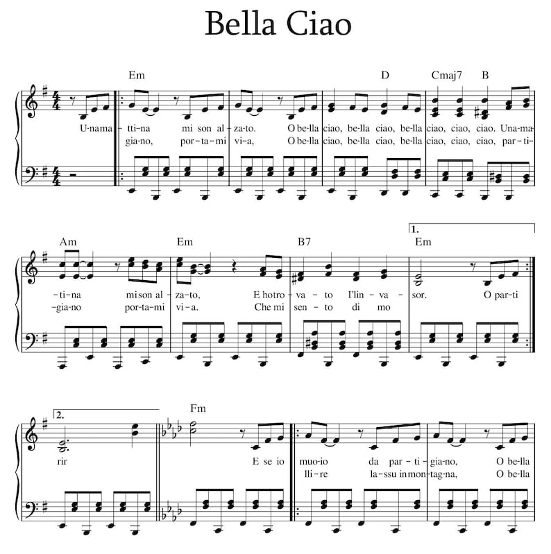 Bella Ciao Sheet Music Easy Piano for All Levels Printable PDF Plus MP3 ...