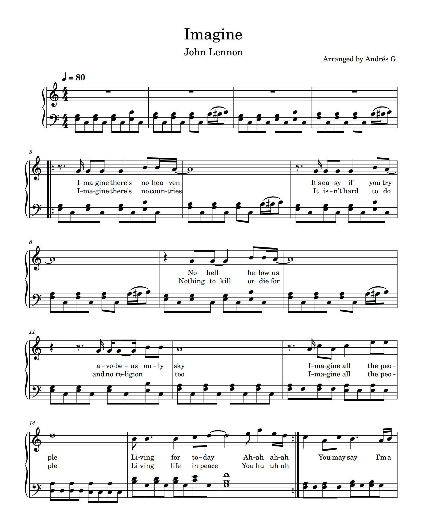 Imagine by John Lennon, Piano Music Sheet and Full Sheet Including Bass ...