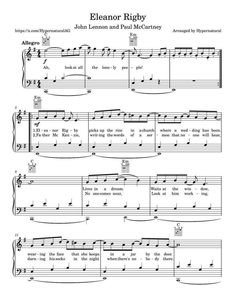 Eleanor Rigby, Printable Digital Easy Piano Music Sheet for All Levels ...