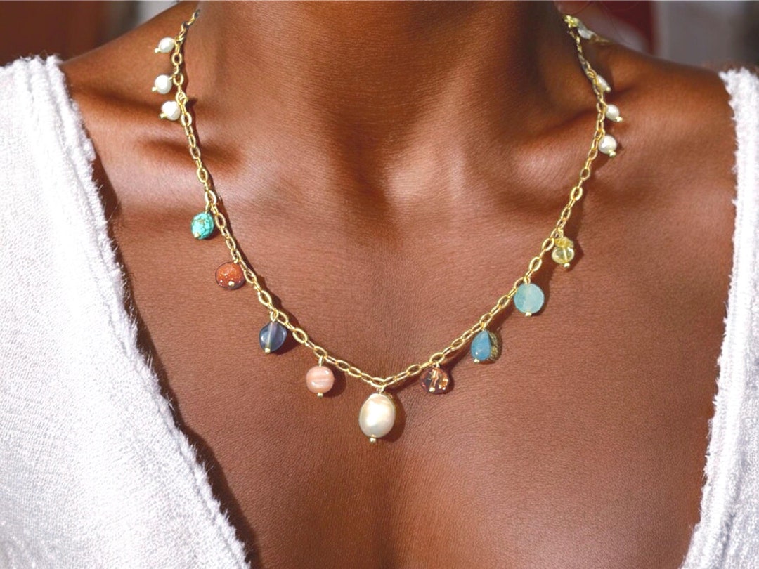 Colorful Multi Gemstone Statement Necklace, Layered Boho Jewelry, Unique Statement Necklace for ...