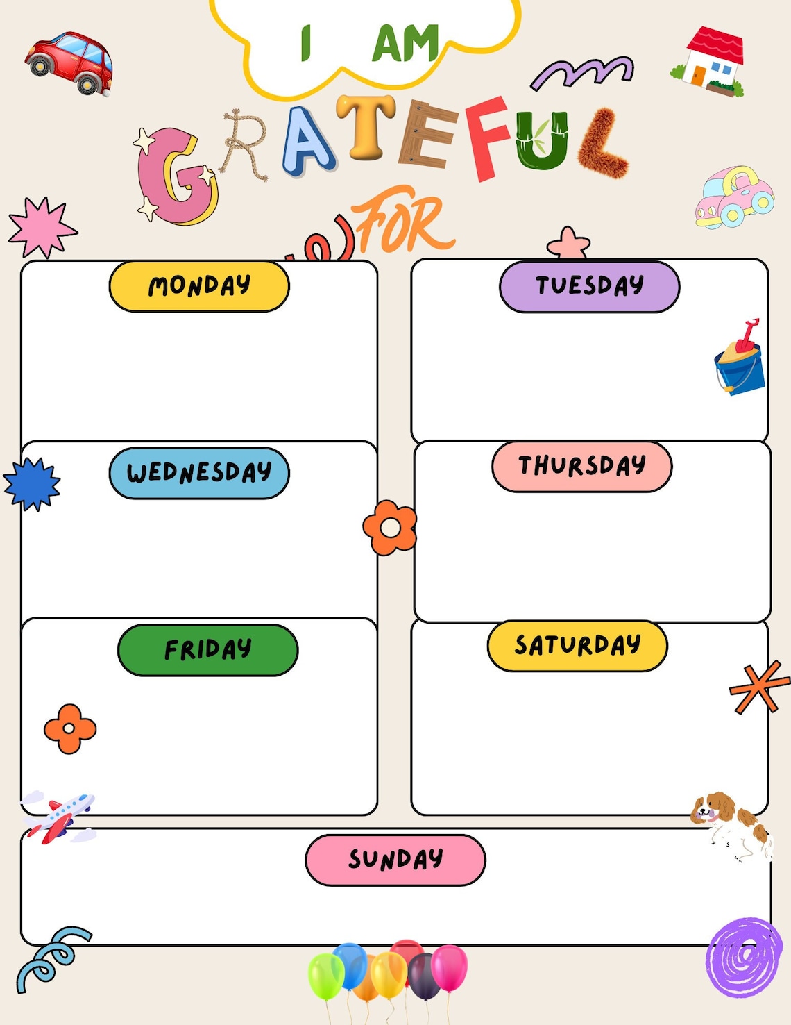 Printable Colorful Kids Weekly Gratitude Journal, Fun Daily I Am ...
