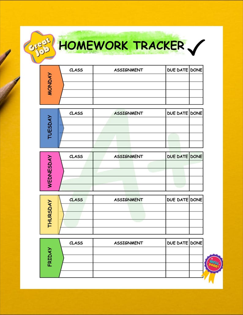 Bright & Fun Homework Tracker Printable - Organize Assignments | Boost ...