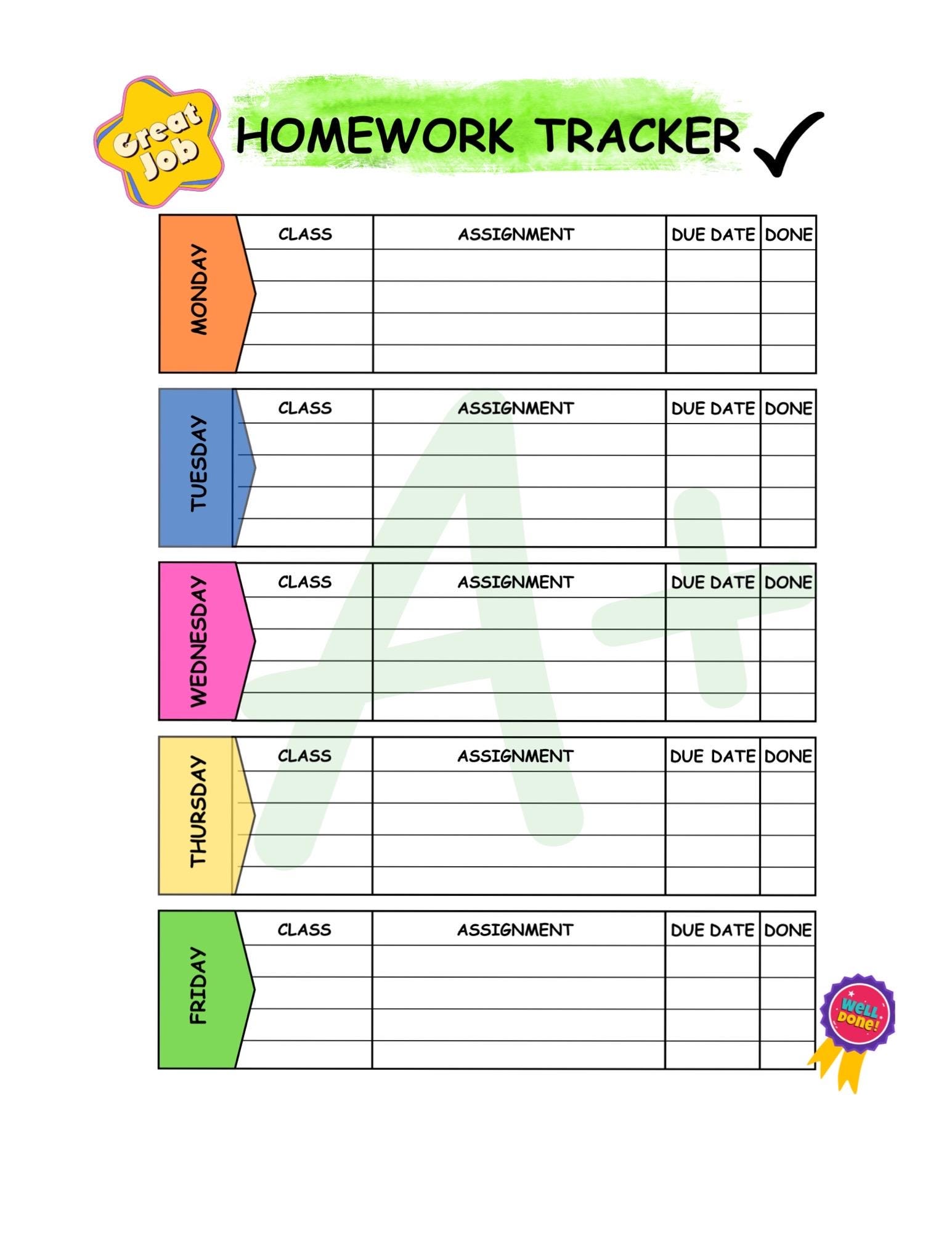 Bright & Fun Homework Tracker Printable - Organize Assignments | Boost ...