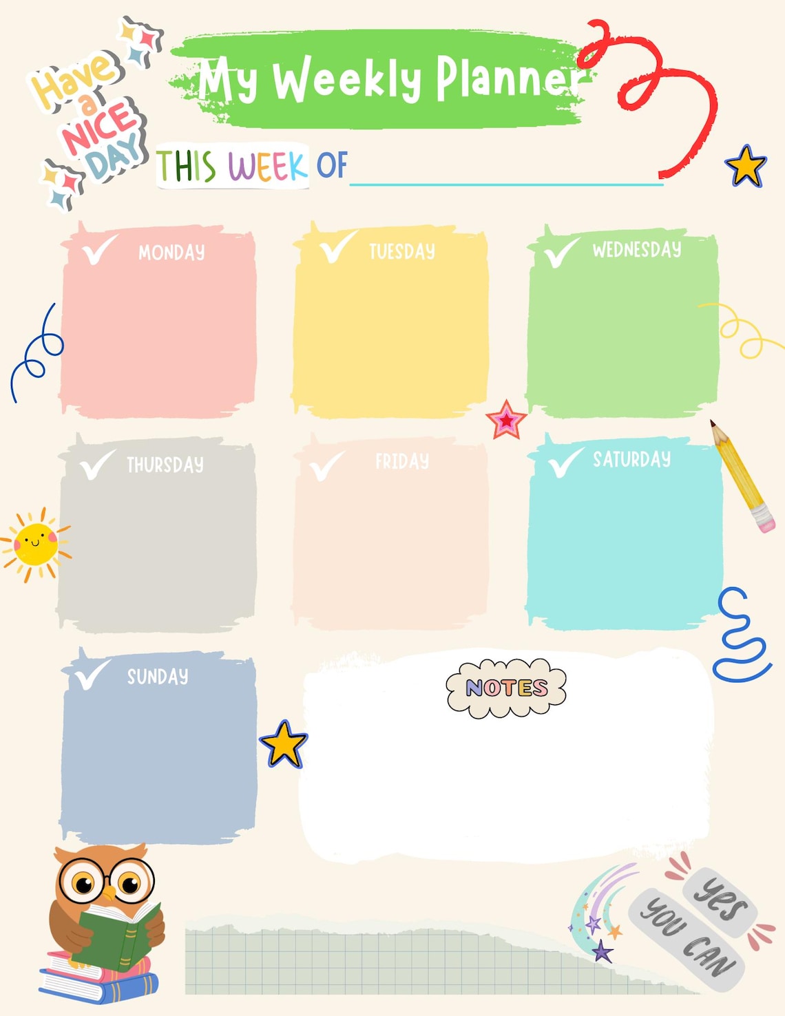 Fun & Colorful Kids Weekly Planner | Cute Owl Design | School or ...
