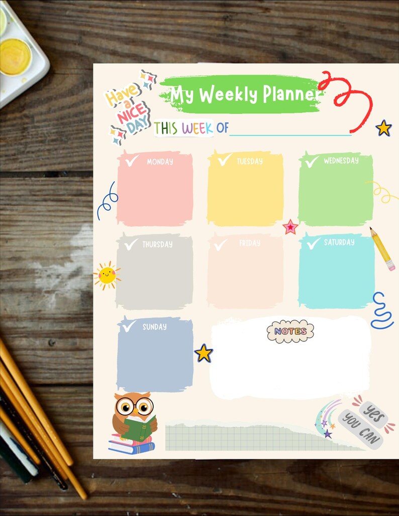 Fun & Colorful Kids Weekly Planner | Cute Owl Design | School or ...