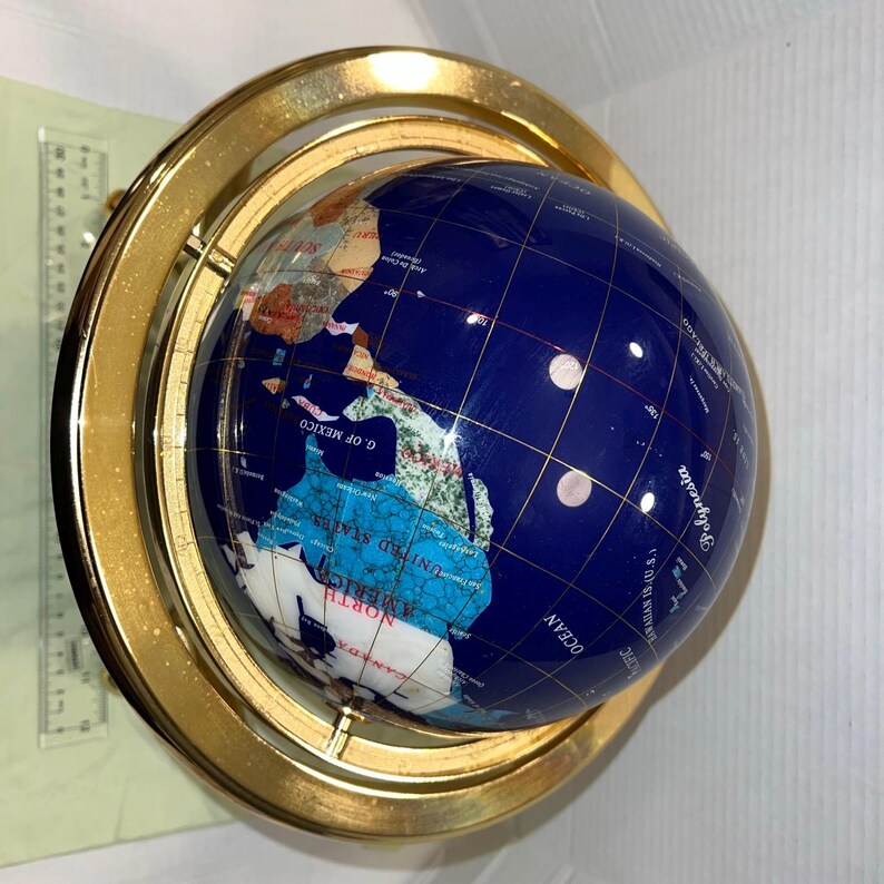 Vintage Globe Precious Inlaid Stone Solid Brass - Etsy
