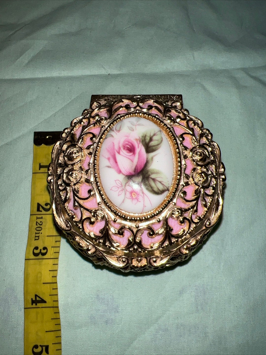 Gold Pink Rose Floral Round Metal Music Jewelry Box Vintage Windup Play ...