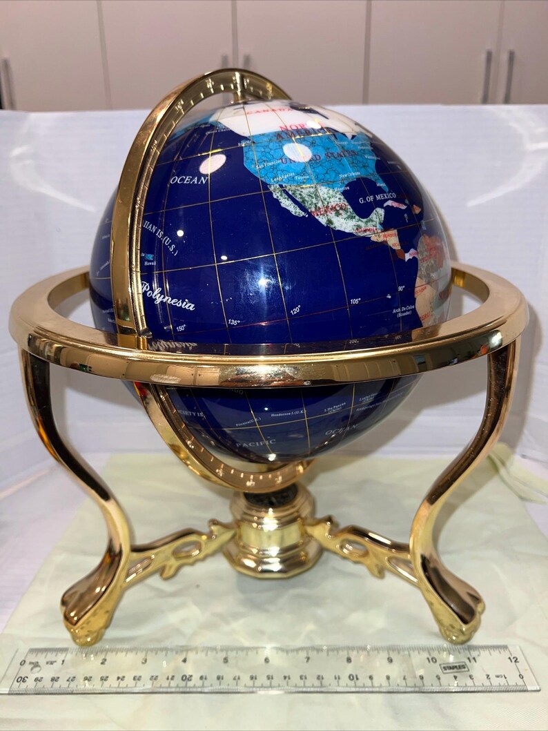 Vintage Globe Precious Inlaid Stone Solid Brass - Etsy