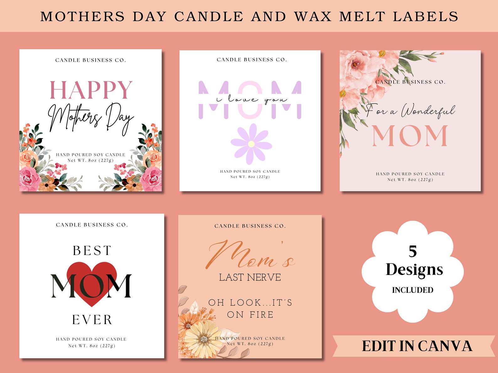 Mothers Day Candle & Wax Melt Labels, Floral Mom Label, Small Business ...