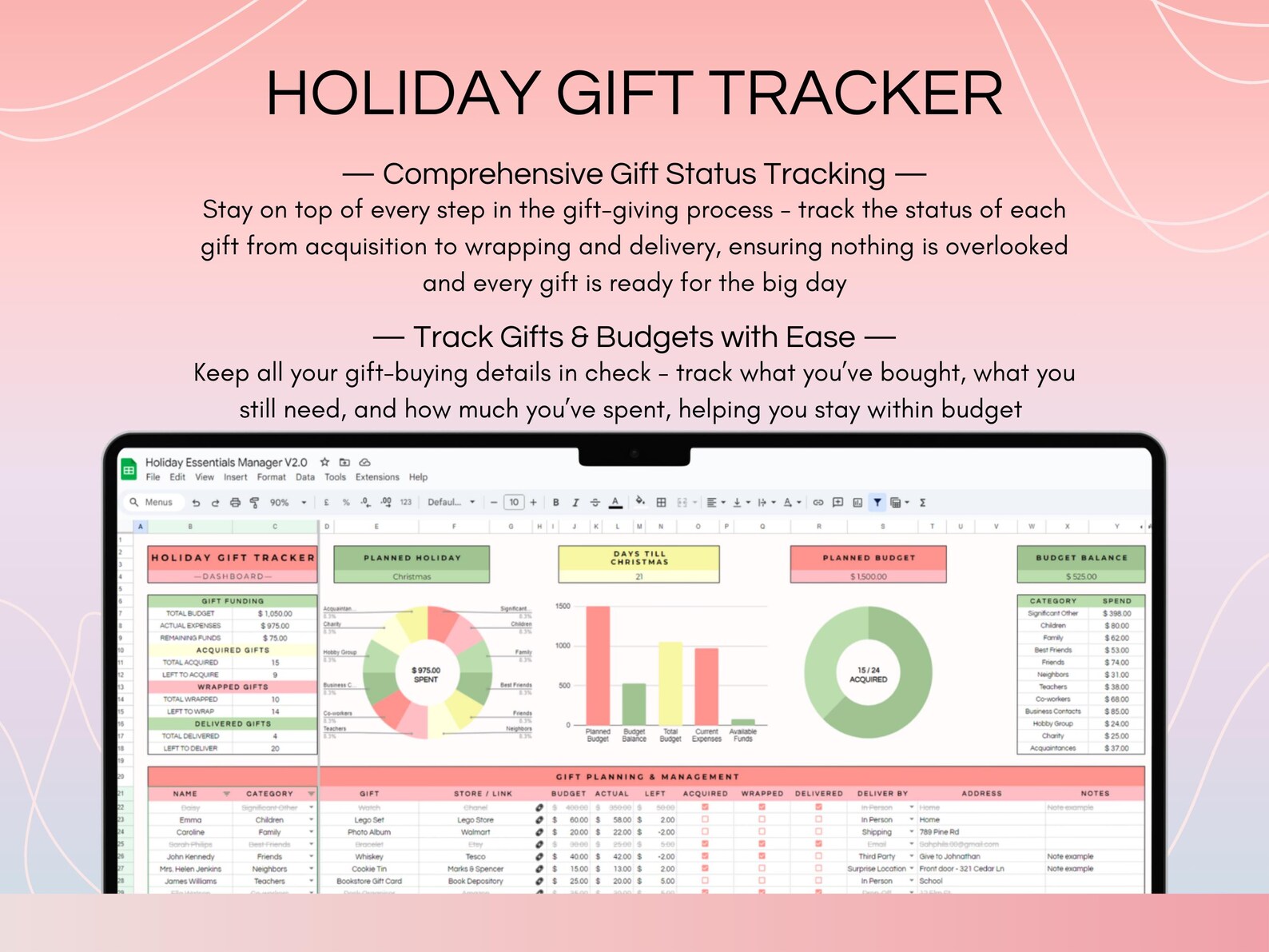 Christmas Holiday Planner Spreadsheet, Holiday Gift Tracker Google ...