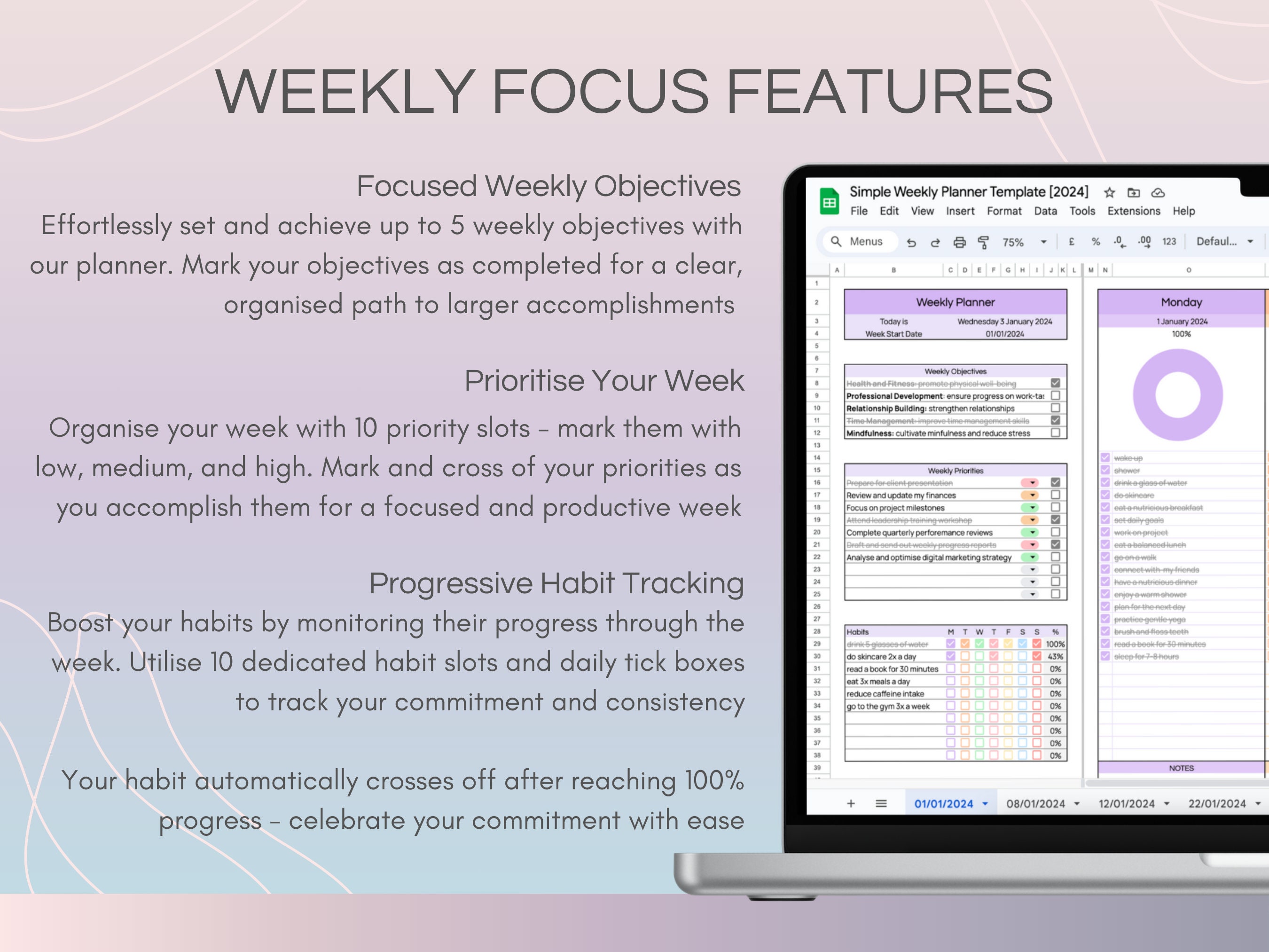 Weekly Planner Google Sheets Template, Simple Daily Schedule, Digital ...
