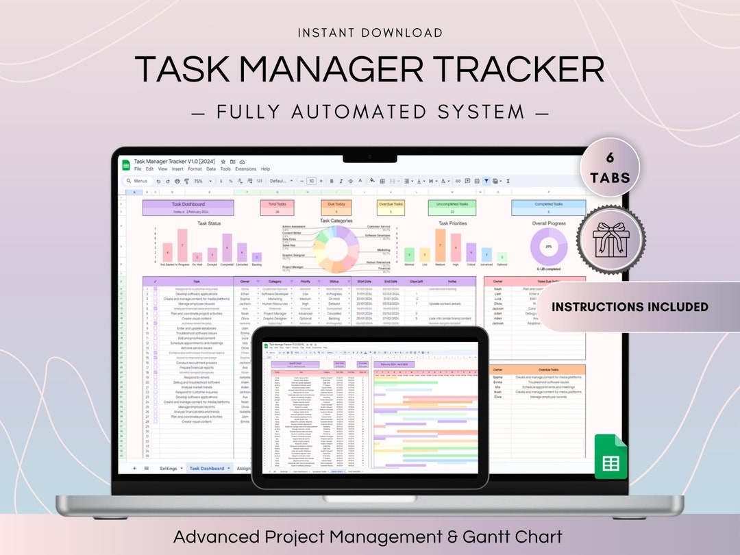 Task Manager Tracker Spreadsheet Template, Google Sheets Gantt Chart ...