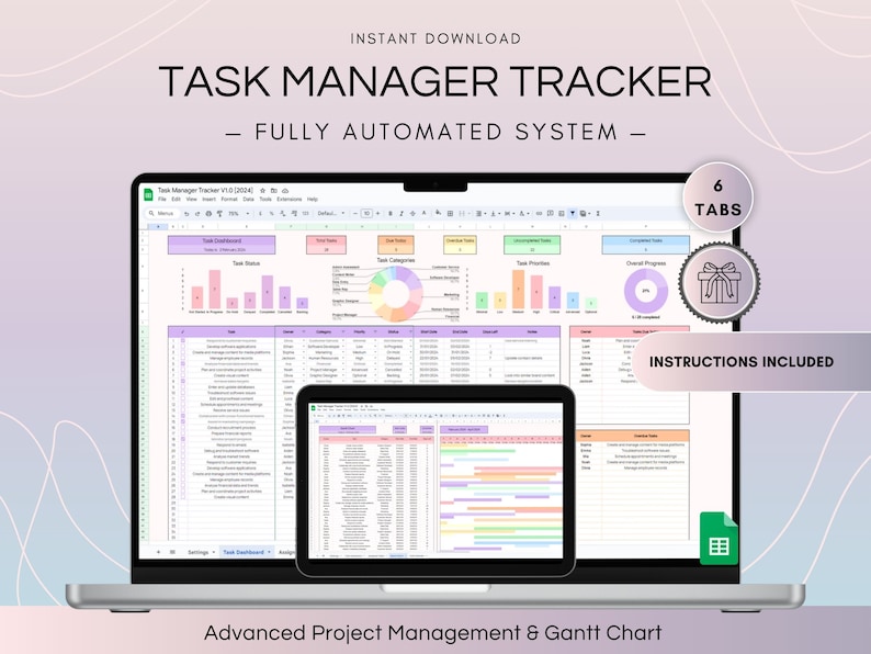Task Manager Tracker Spreadsheet Template, Google Sheets Gantt Chart ...