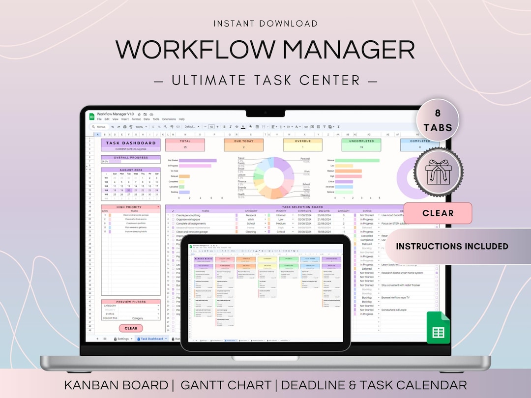 Workflow Project Management Spreadsheet, Google Sheets Kanban Board and ...