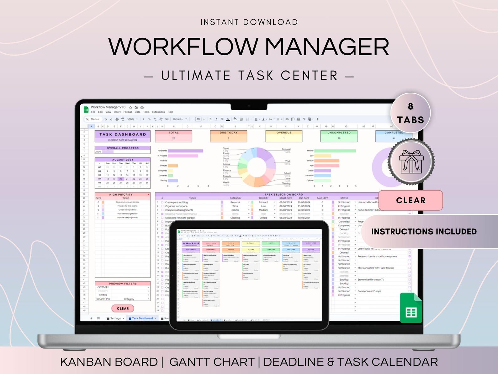 Workflow Project Management Spreadsheet, Google Sheets Kanban Board and Gantt Chart, to Do List ...