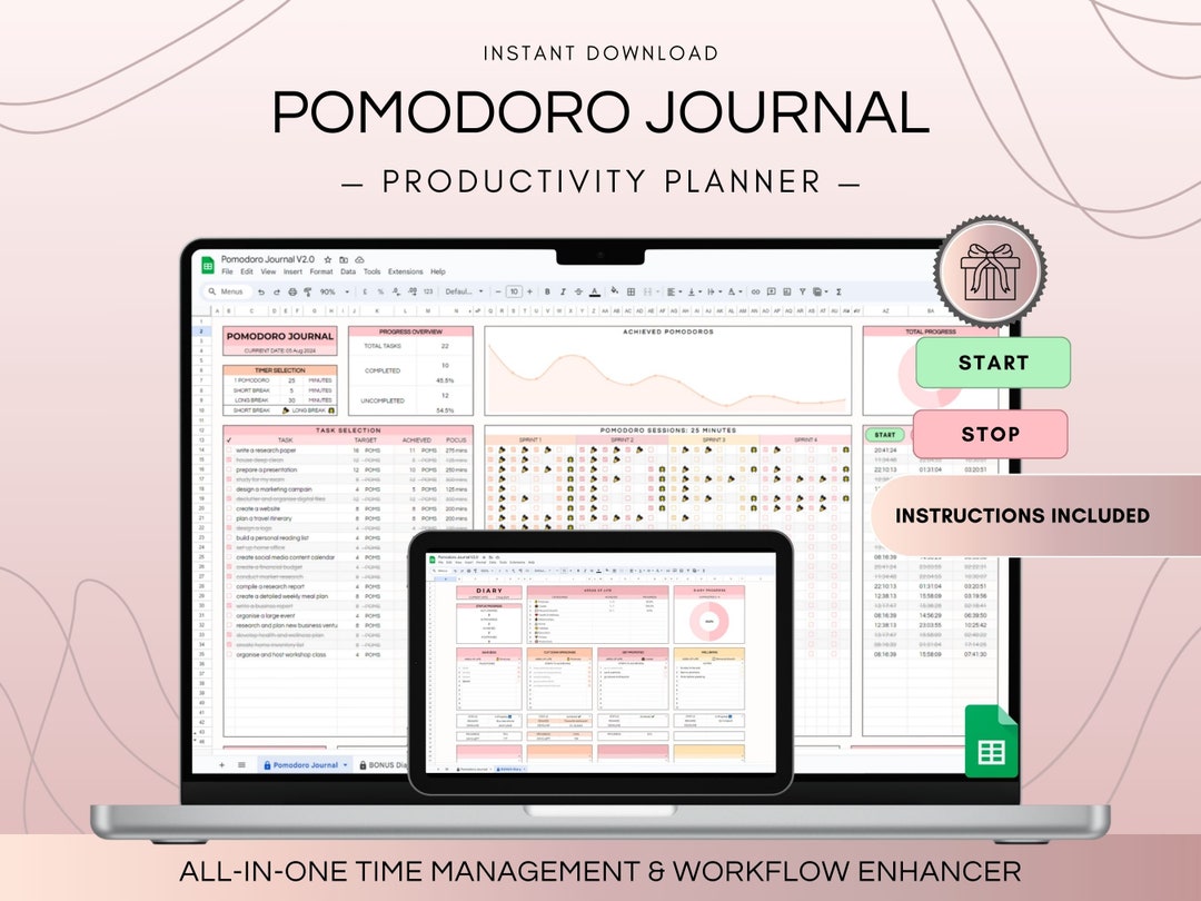 Pomodoro Tracker Spreadsheet, Google Sheets Productivity Timer, Study ...