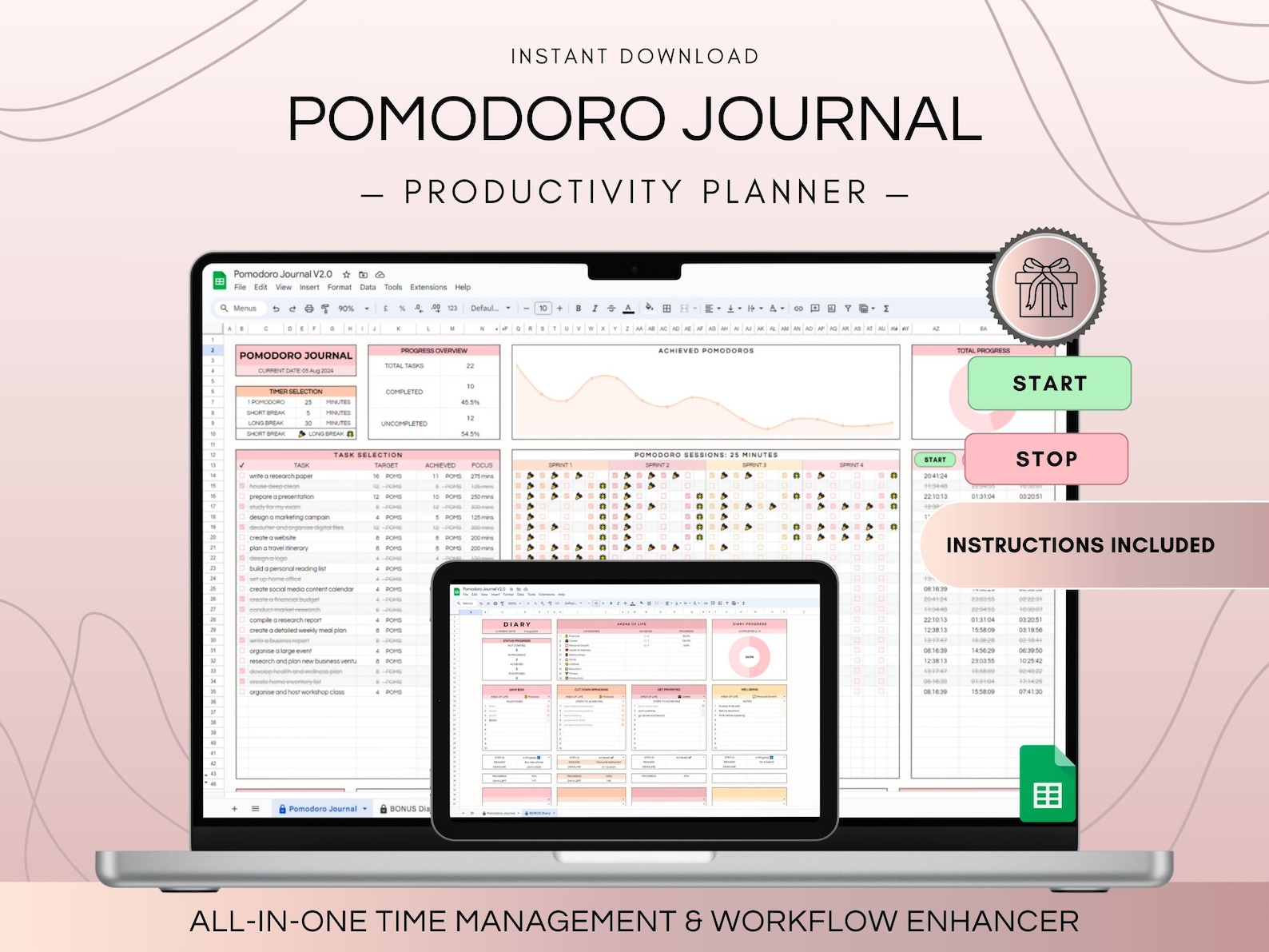 Pomodoro Tracker Spreadsheet, Google Sheets Productivity Timer, Study ...