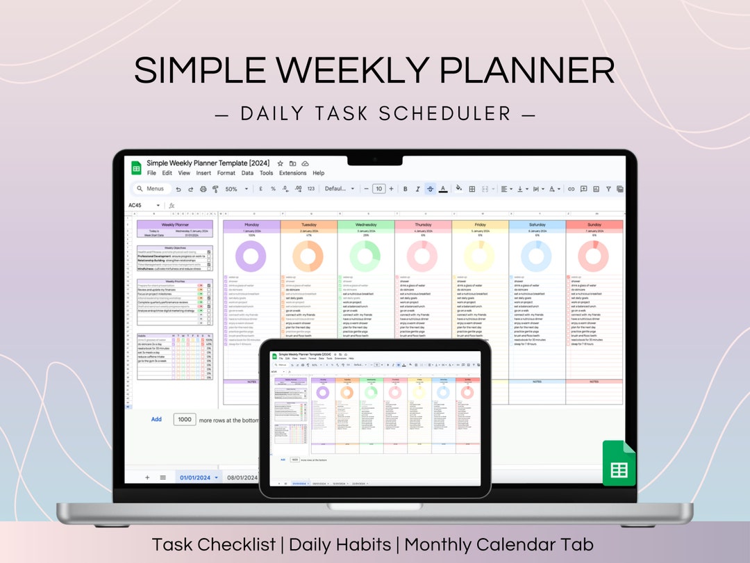 Weekly Planner Google Sheets Template, Simple Daily Schedule, Digital ...