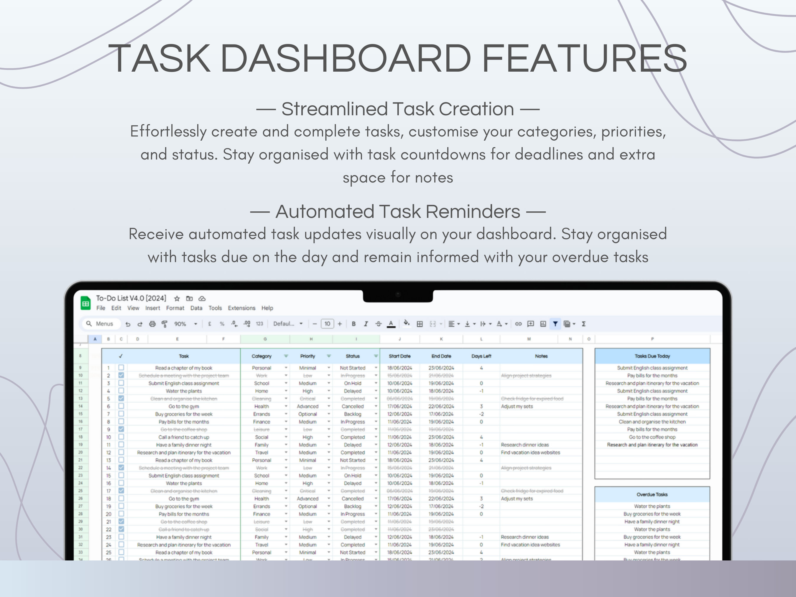 Task Management Spreadsheet Template, to Do Checklist Google Sheets ...