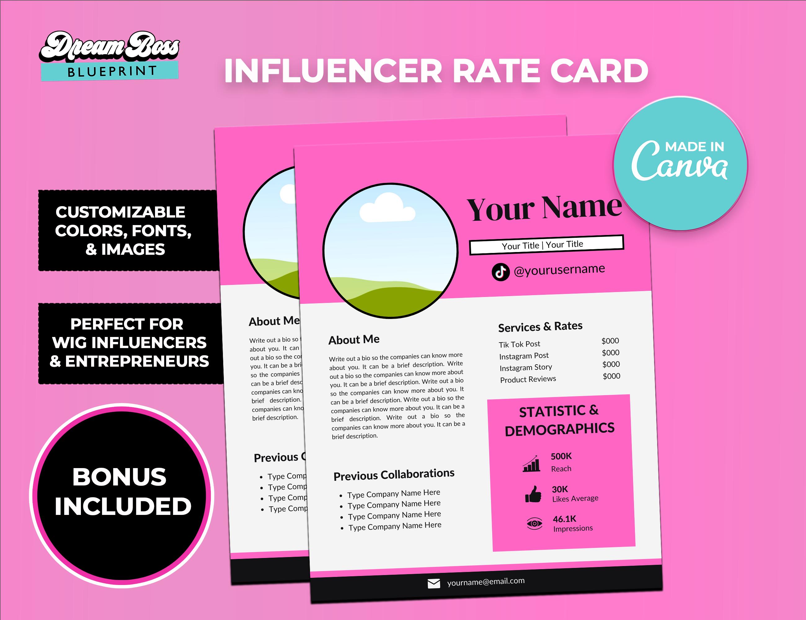 Editable Influencer Rate Card Template, Wig Influencers (canva, Digital ...