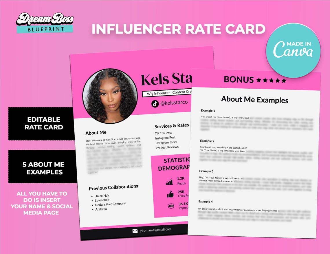 Editable Influencer Rate Card Template, Wig Influencers (canva, Digital ...
