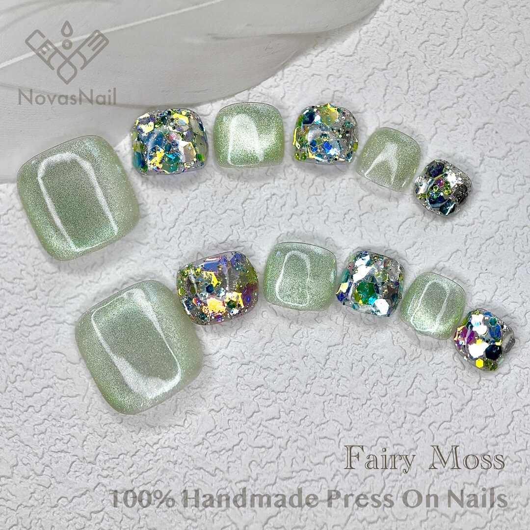 Cat Eye Glitter Toe Nails | Diamond Shine Green Press-on Toenails for ...