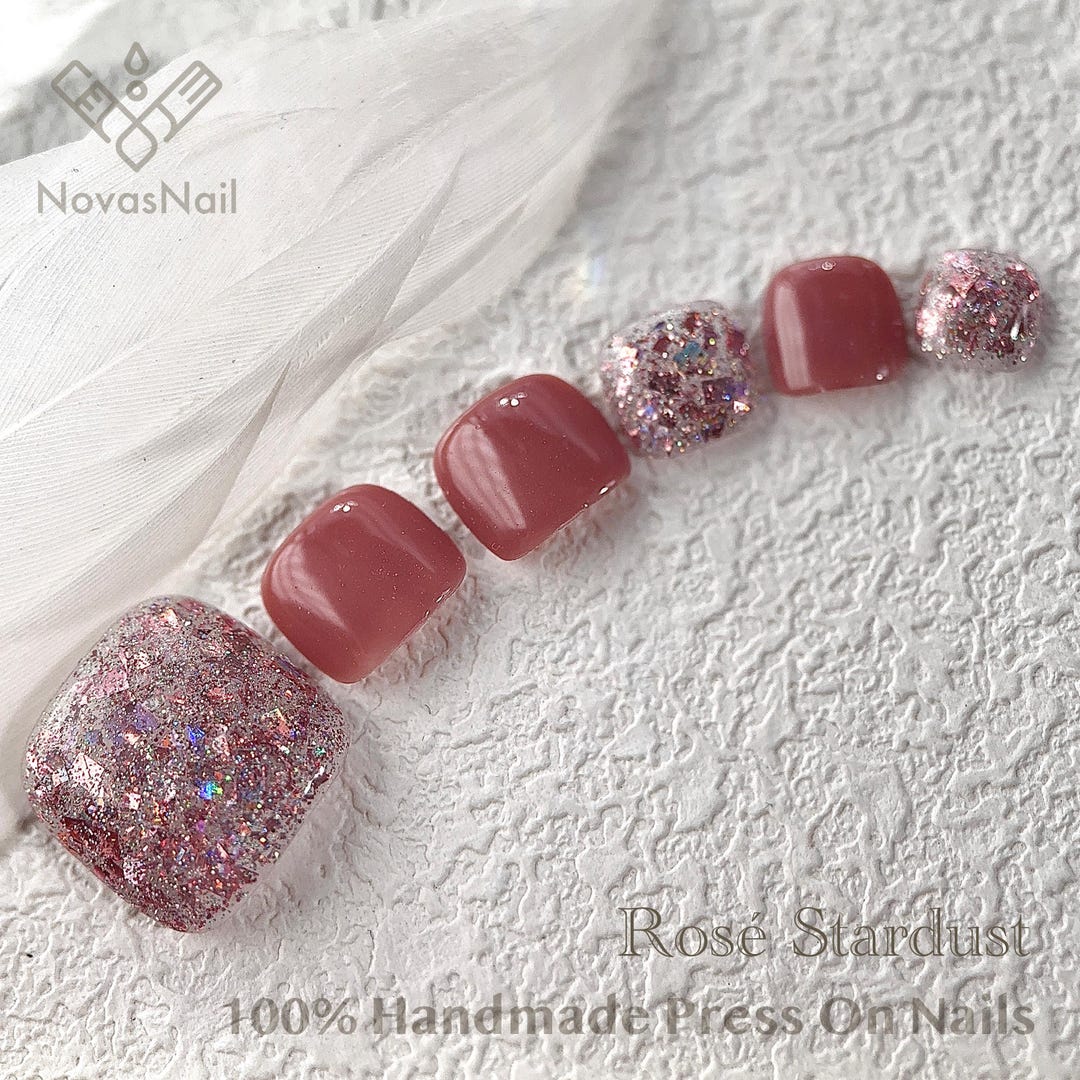 Luxury Pink Glitter Press-on Toe Nails | Holographic Rose Stardust ...