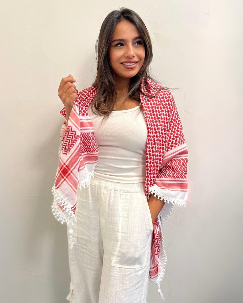 Kufiya Shemagh | Red and White Keffiyeh Scarf | Made by Palestinian ...
