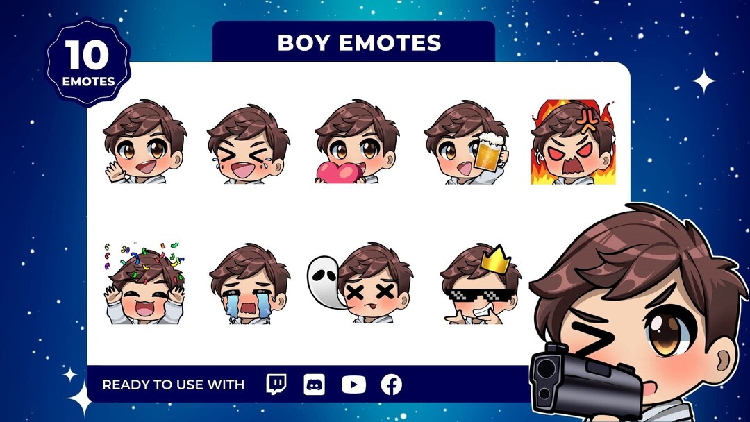 Boy Emotes 10-pack - Cute Chibi Emotes - Anime Emotes - Brown Hair ...