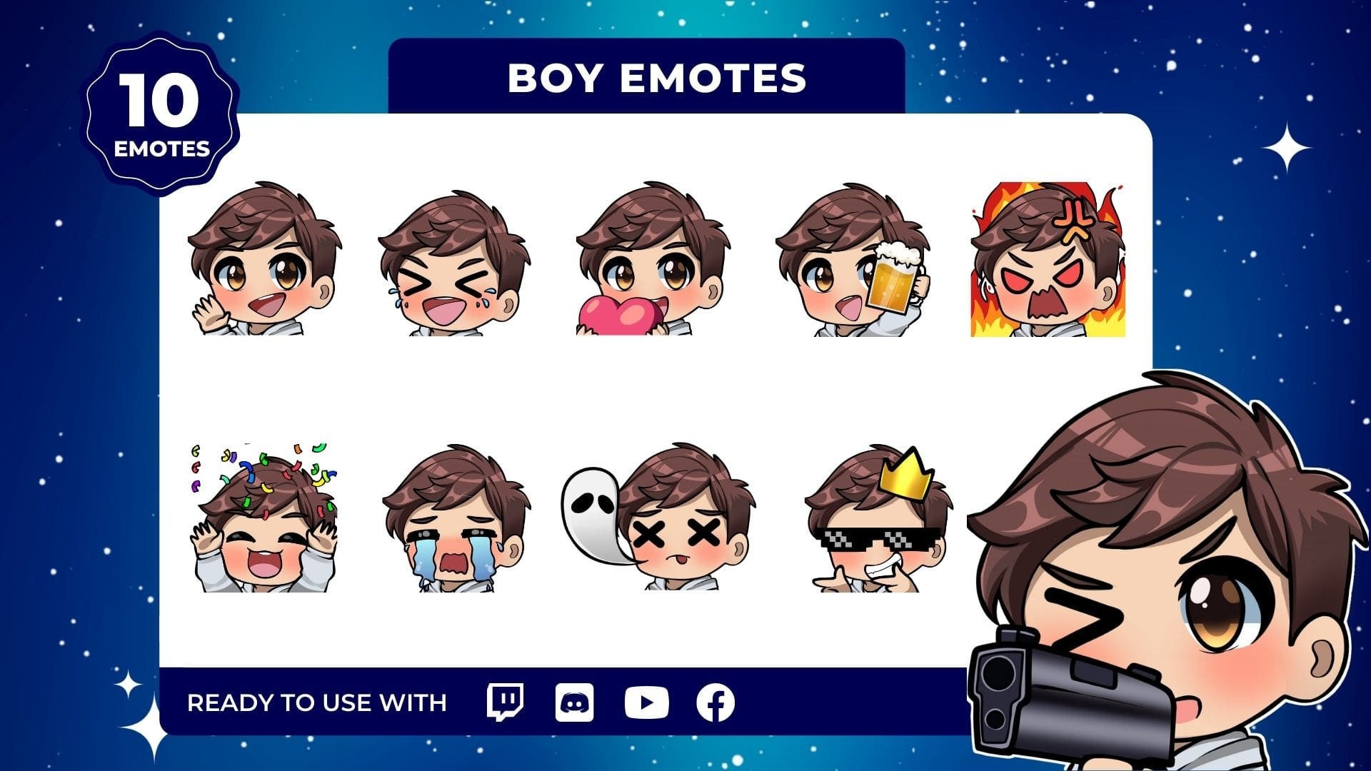 Boy Emotes 10-pack - Cute Chibi Emotes - Anime Emotes - Brown Hair ...