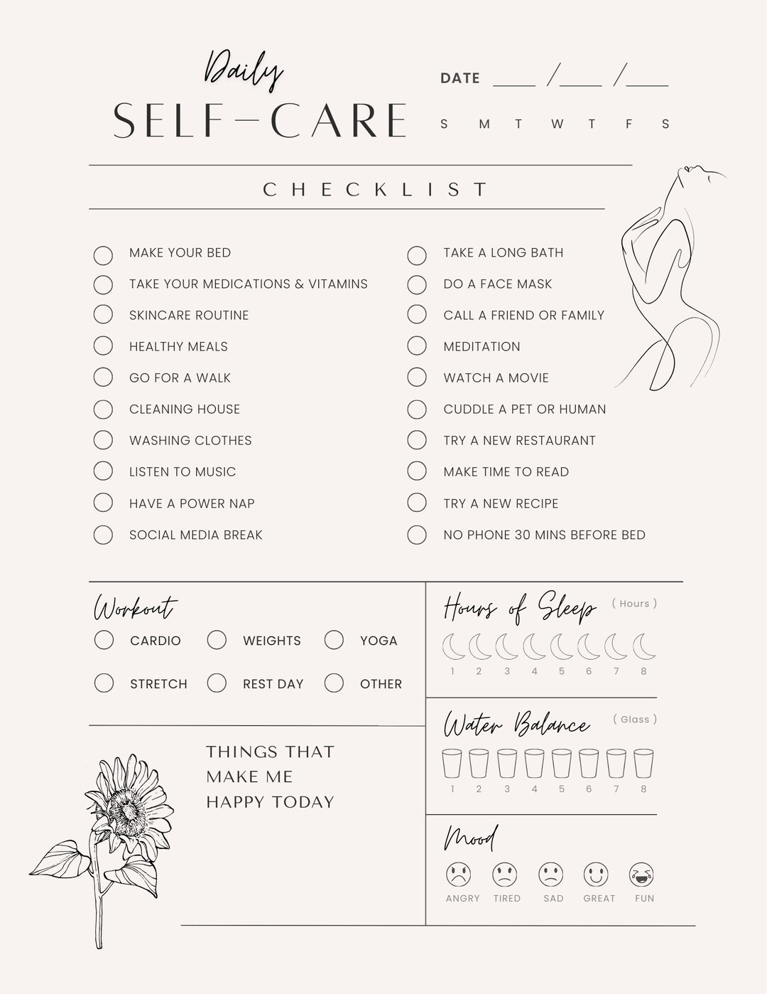 Daily Check List Printable, Girly Checklist, Self Care Checklist, Daily ...