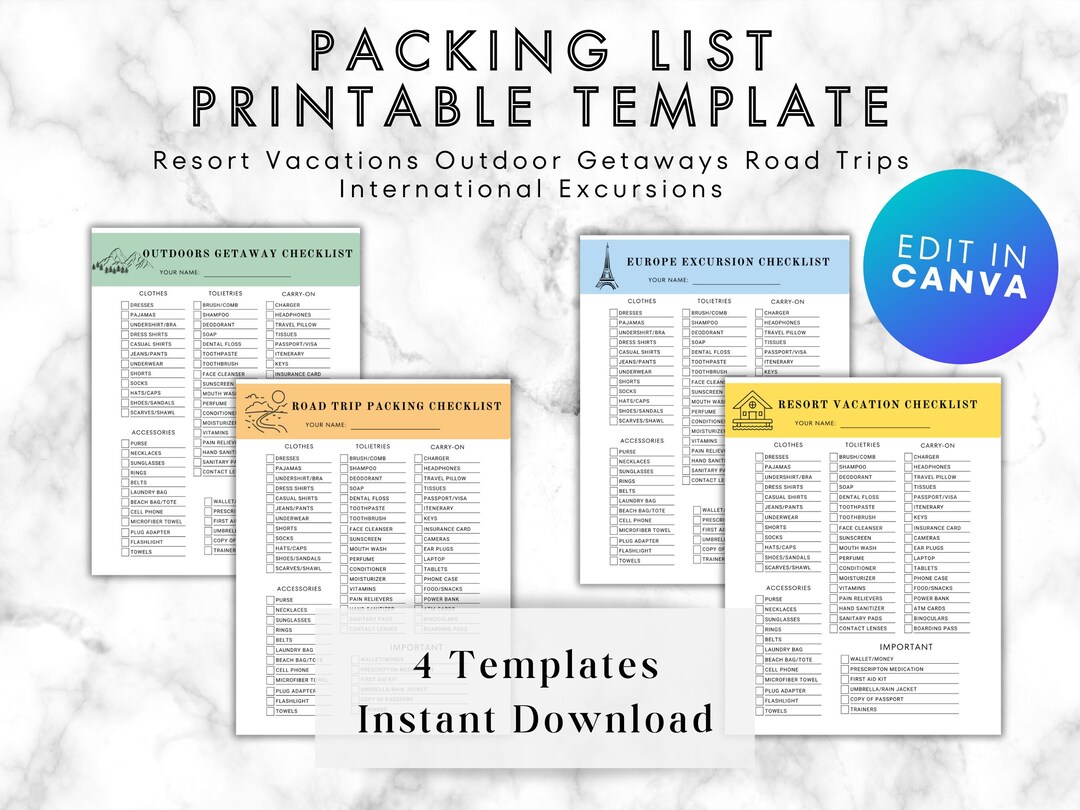 Vacation Packing List, Travel Agent Template, Editable Packing ...