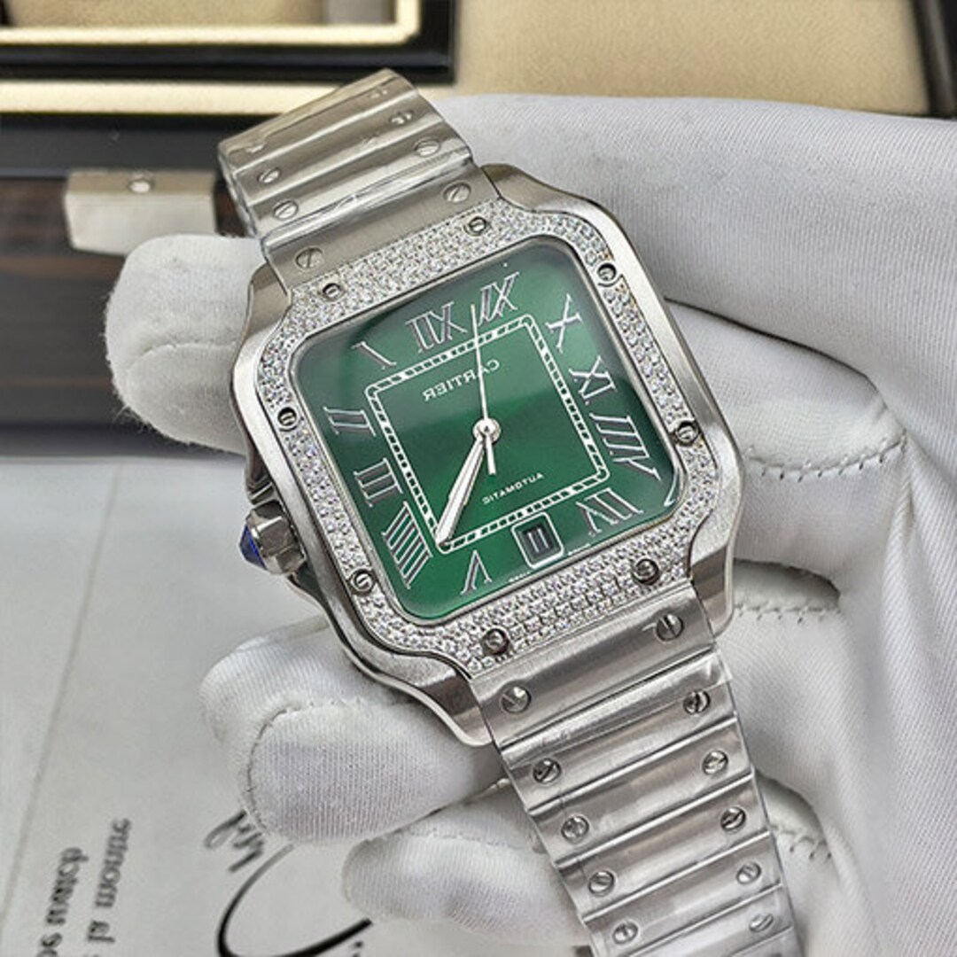 Cartier Santos Green Diamond Dial Watch, Watch, Men Watches, Automatic ...