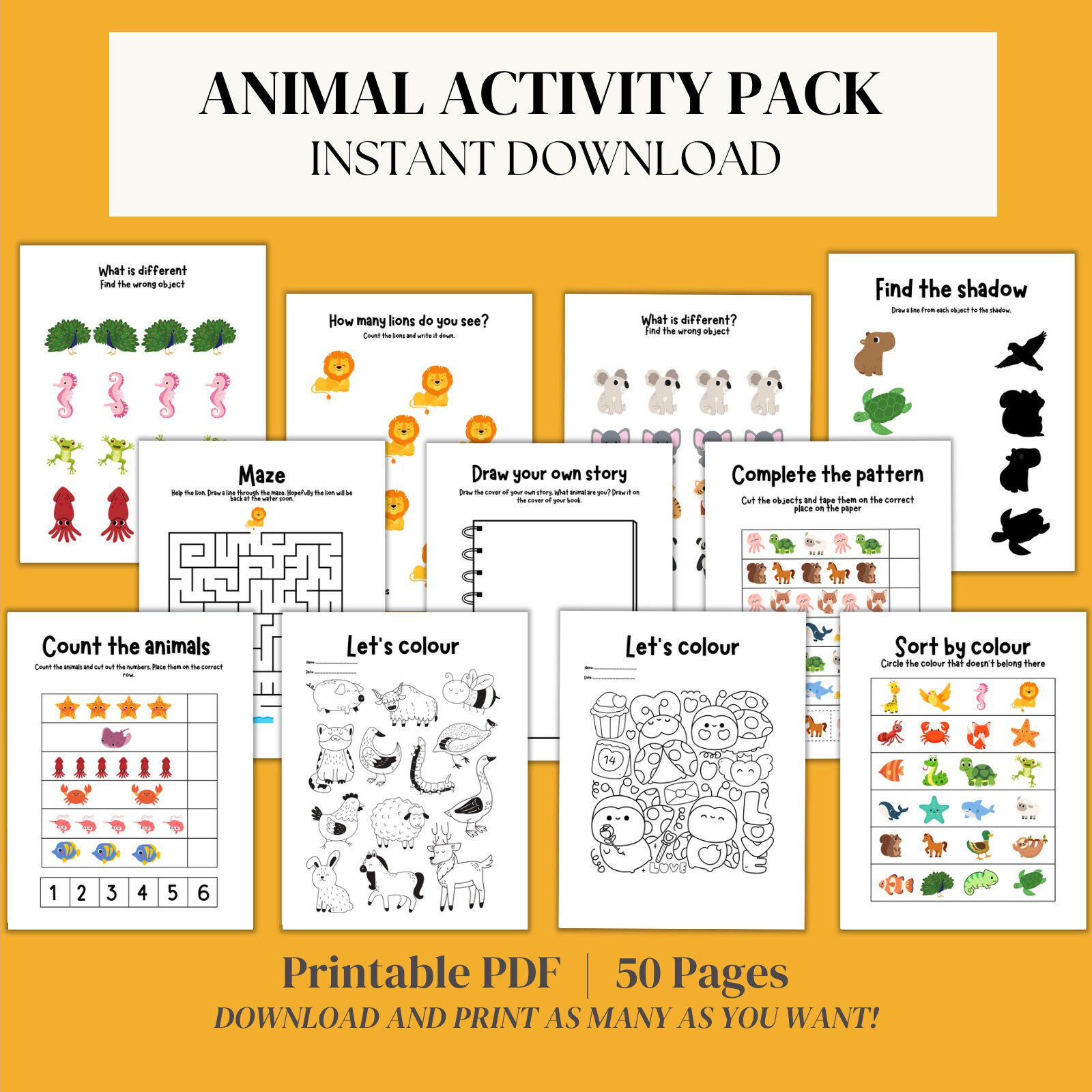 Animal Activity Pack for Kids , Activity Pack , Animal Activities ...