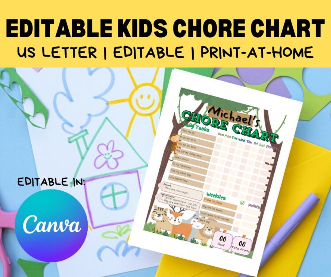 Safari Kids Chore Chart: Personalized, Editable Canva Template (print ...