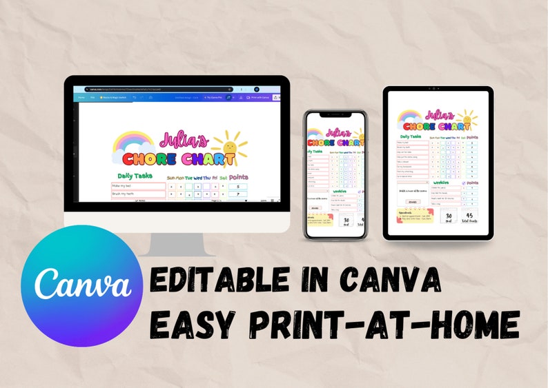 Rainbow Chore Chart for Kids Printable Canva Easy Editable Template ...