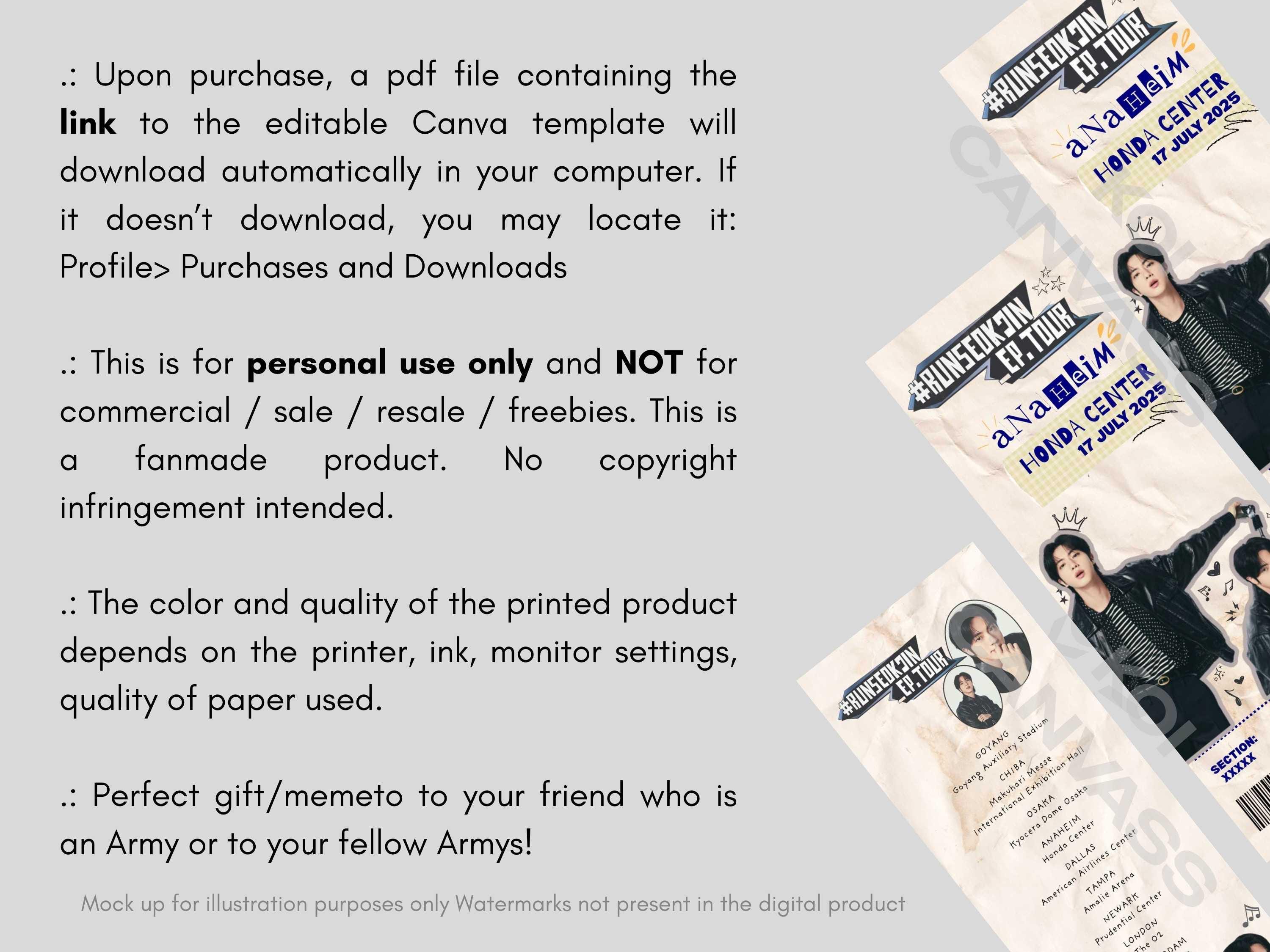 BTS Runseokjin EP Tour Personalized Ticket, Bts Jin, Jin US Tour, Jin ...