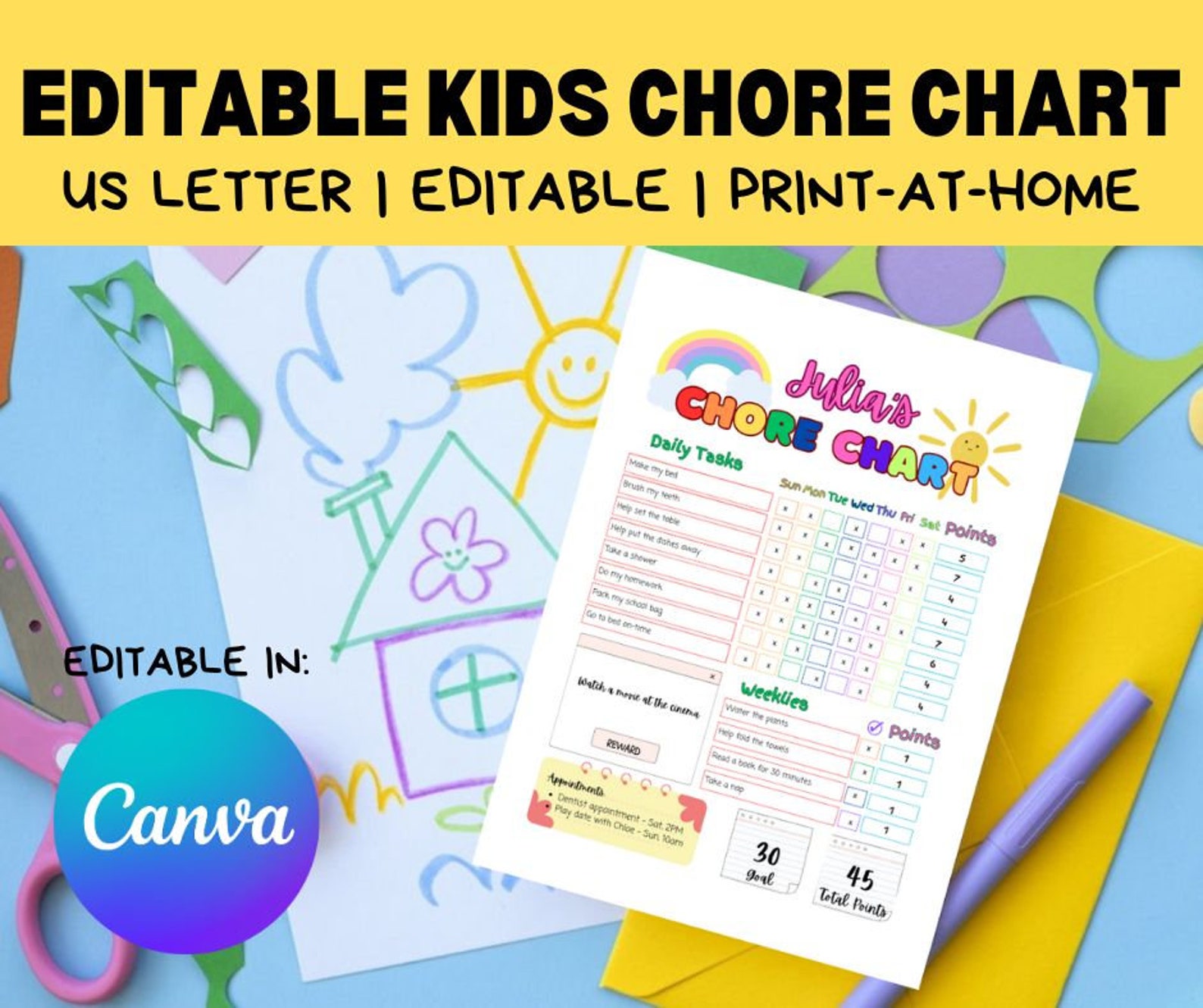 Rainbow Chore Chart for Kids Printable Canva Easy Editable Template ...