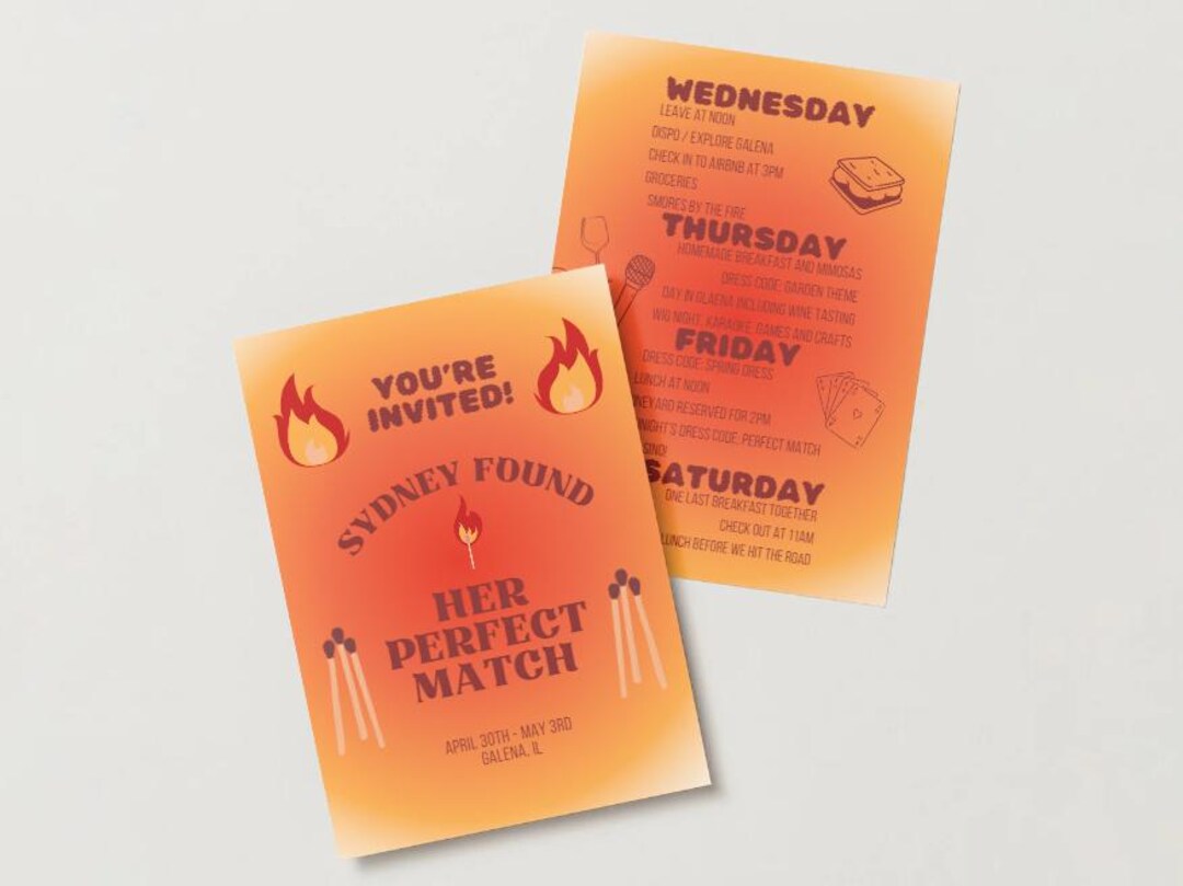 Perfect Match Themed Itinerary Template for a Trendy Bachelorette Party ...