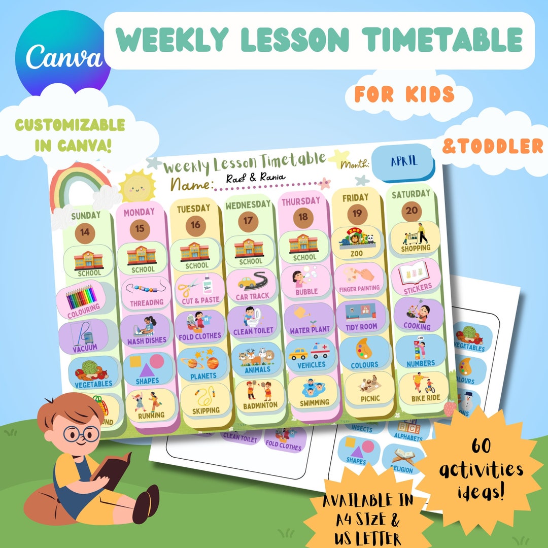 Weekly Lesson Timetable for Kids and Toddler Editable Canva Template ...