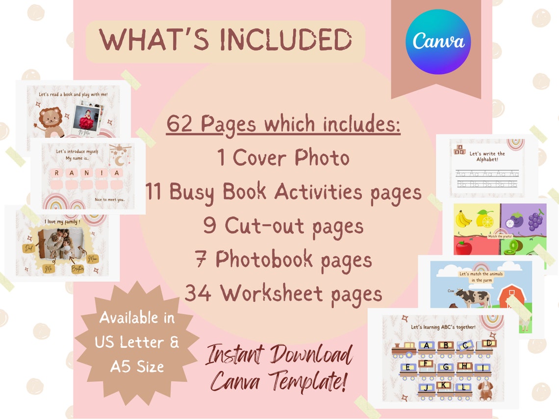 Busy Book Boho Rainbow Theme Photobook Worksheet Editable Canva ...