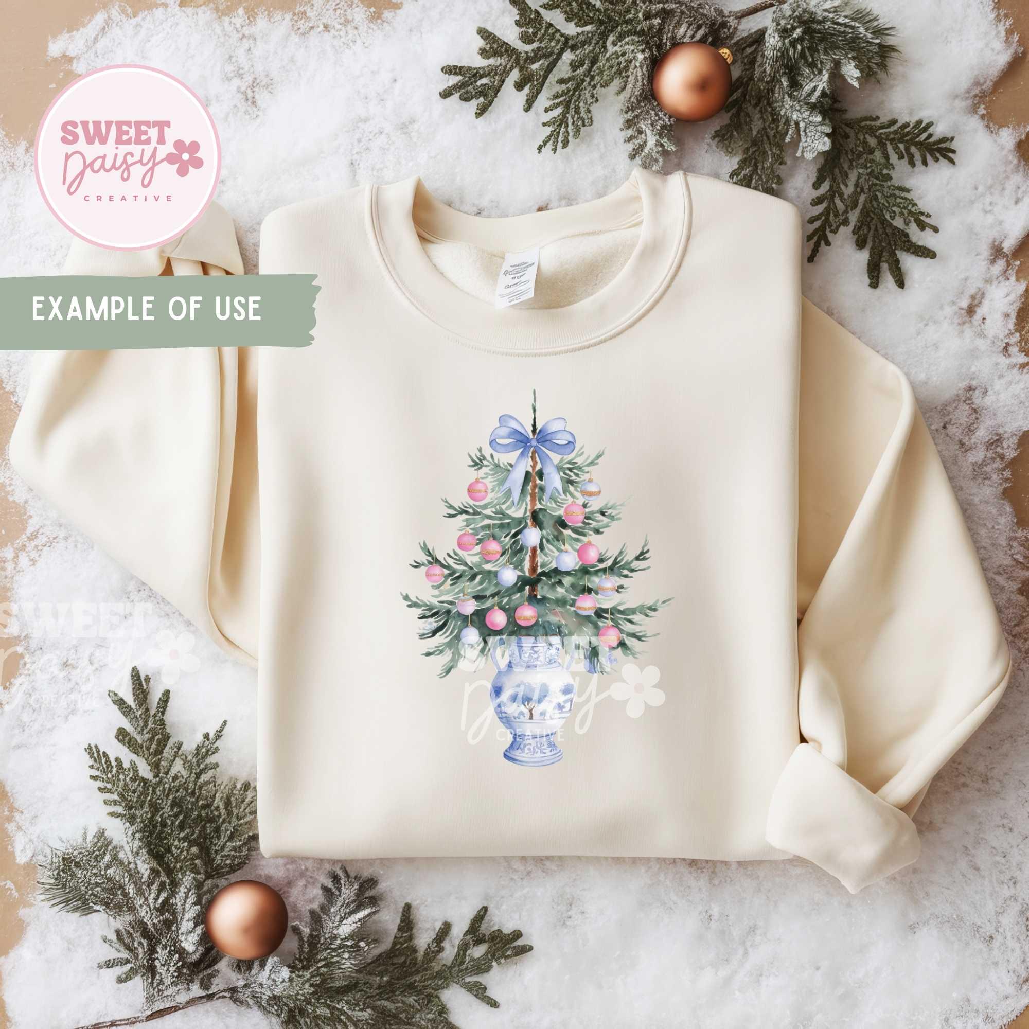 Grandmillennial Christmas Tree Clipart, Preppy Holiday Art, Chinoiserie ...