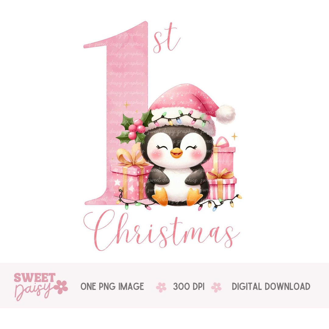 Cute Christmas Penguin Clipart, Pink, 1st Christmas Clipart, Watercolor ...
