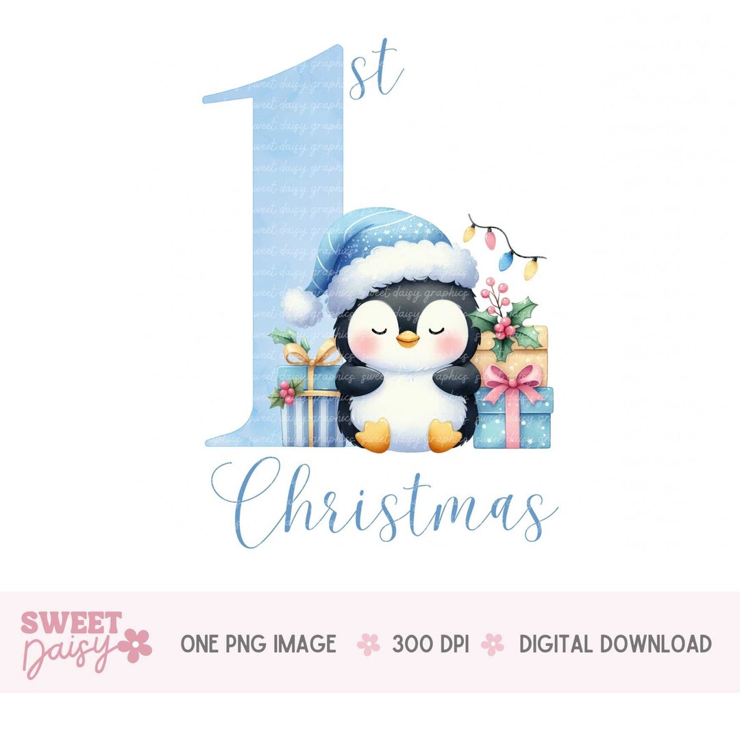 Cute Christmas Penguin Clipart, Blue, 1st Christmas Clipart, Watercolor ...