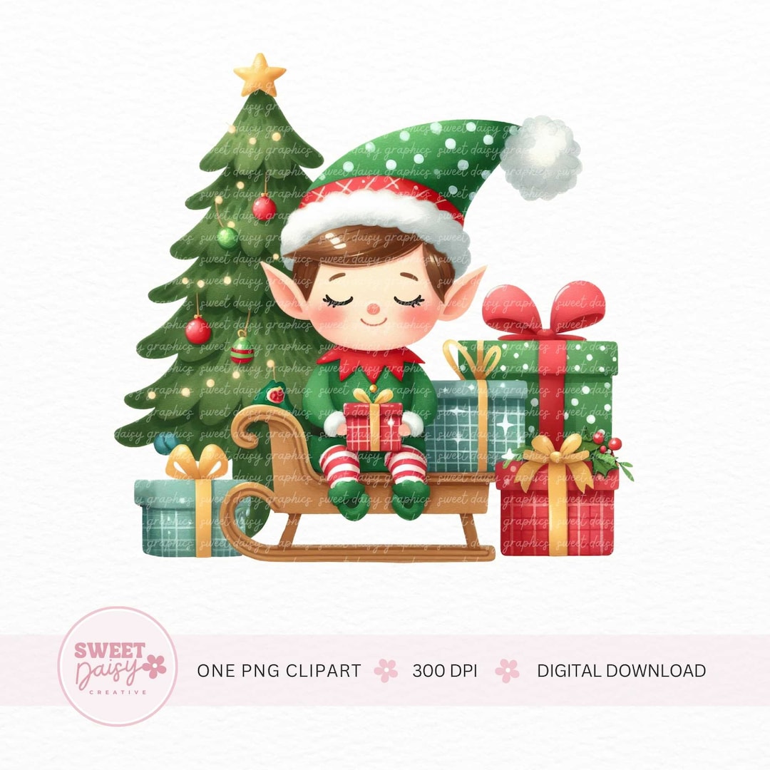 Christmas Elf Clipart, Elf Boy Clipart, Watercolor Sleigh With Gifts ...