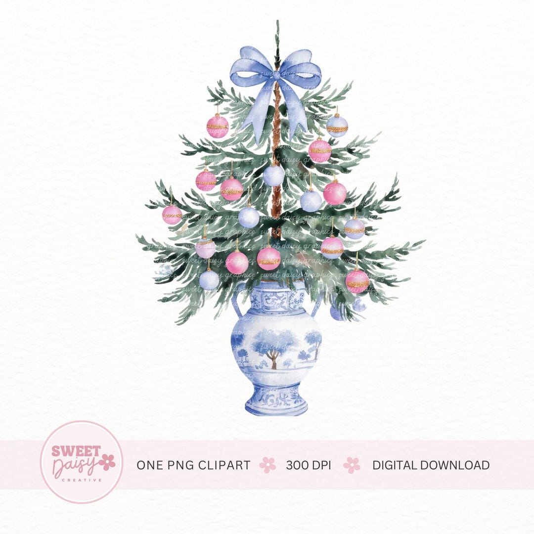 Grandmillennial Christmas Tree Clipart, Preppy Holiday Art, Chinoiserie ...